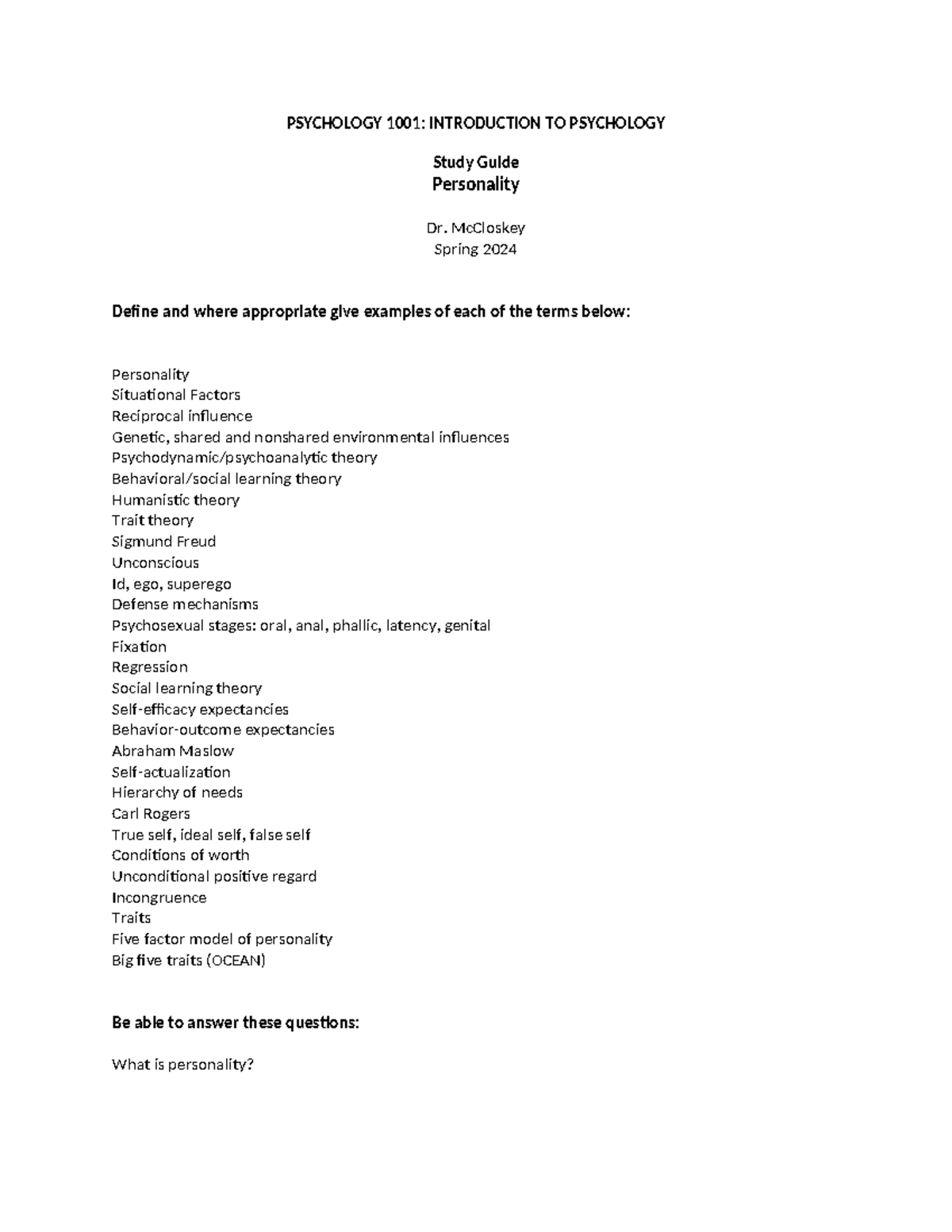 PSY 1001: Personality Study Guide for Spring 2024 Exam - Studocu