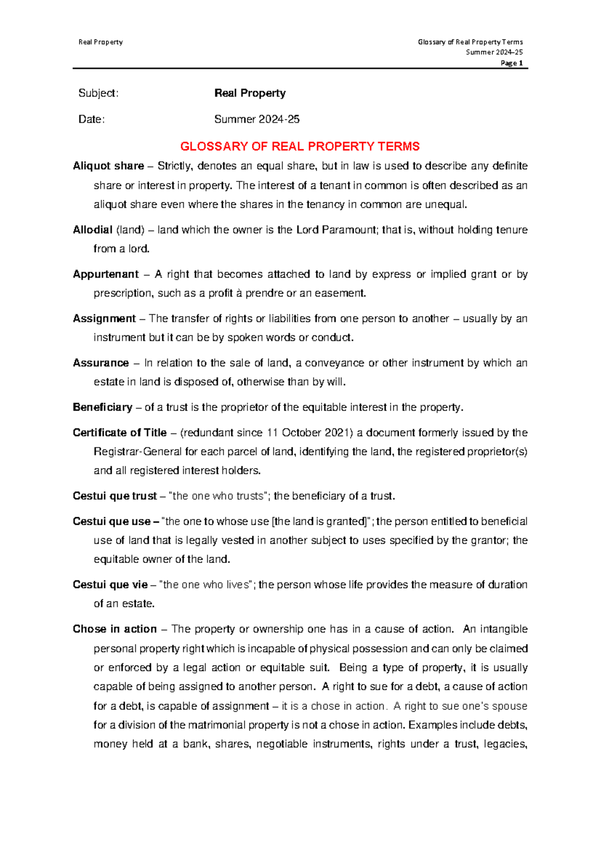 Real Property Glossary of Terms for RP 2025 Summer Course - Studocu