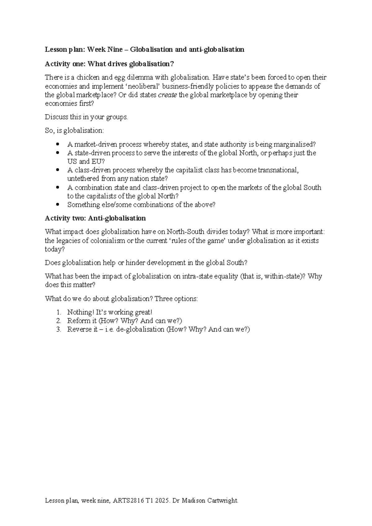 Lesson plan Week 9 Globalisation - Lesson plan: Week Nine ...