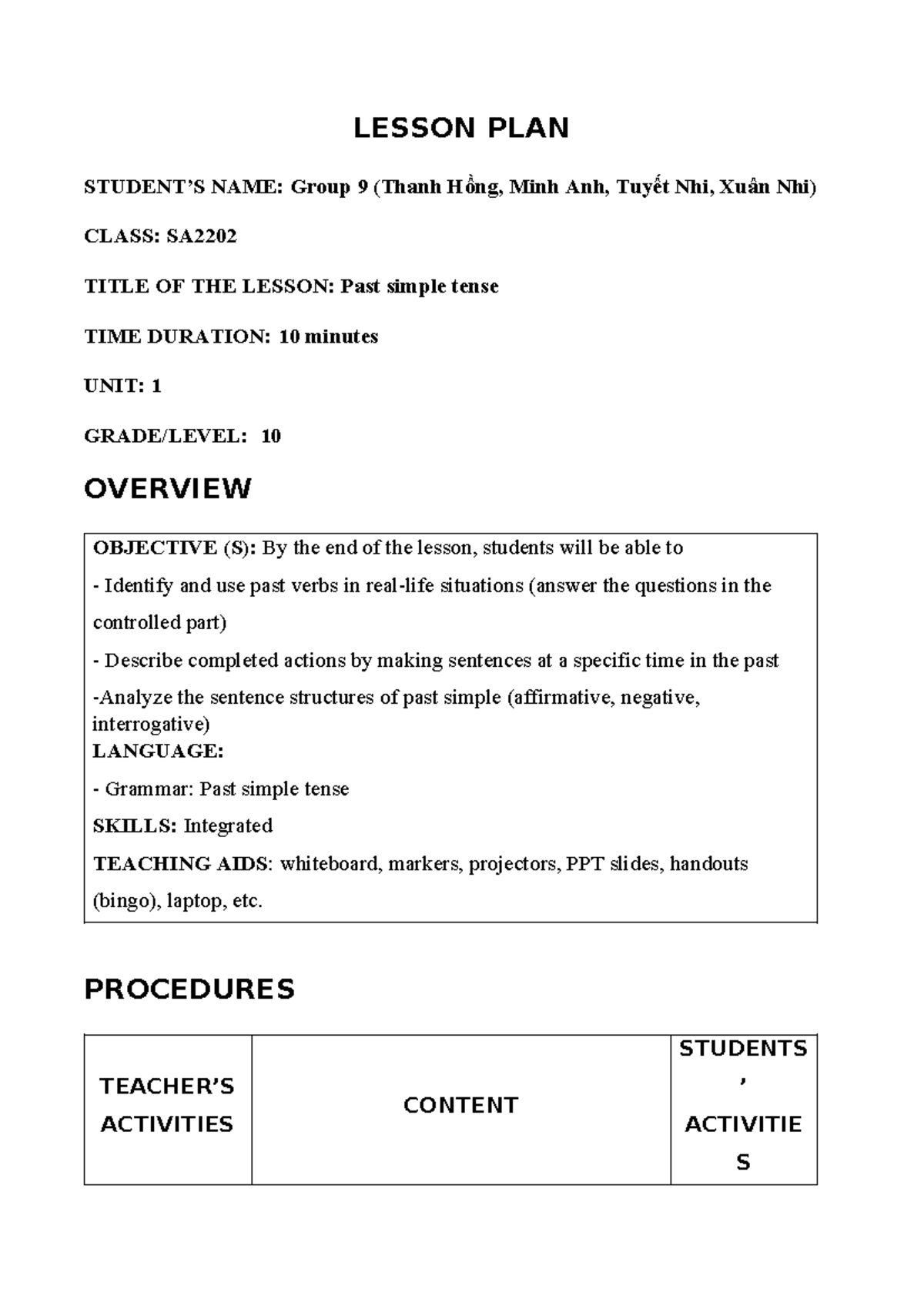 SA2202 Lesson Plan: Past Simple Tense Activities and Games - Studocu