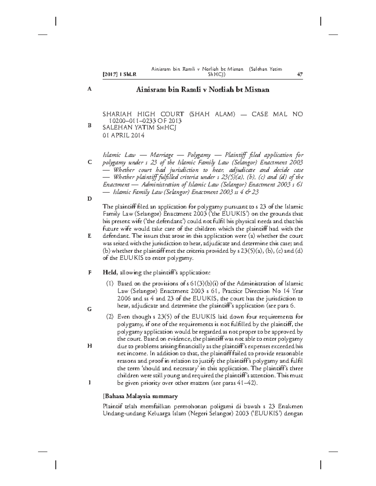 Ainisram bin Ramli v Norliah bt Misnan: Shariah Court Case Analysis ...