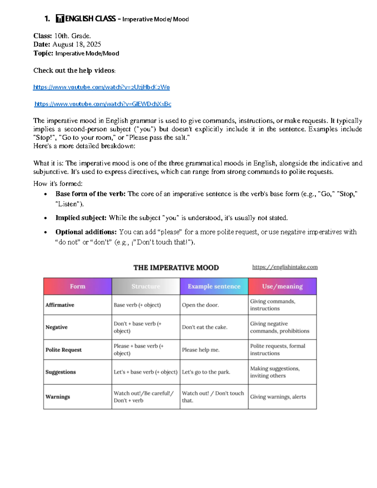 10th Grade English: Imperative Mood Overview & Activities - Studocu