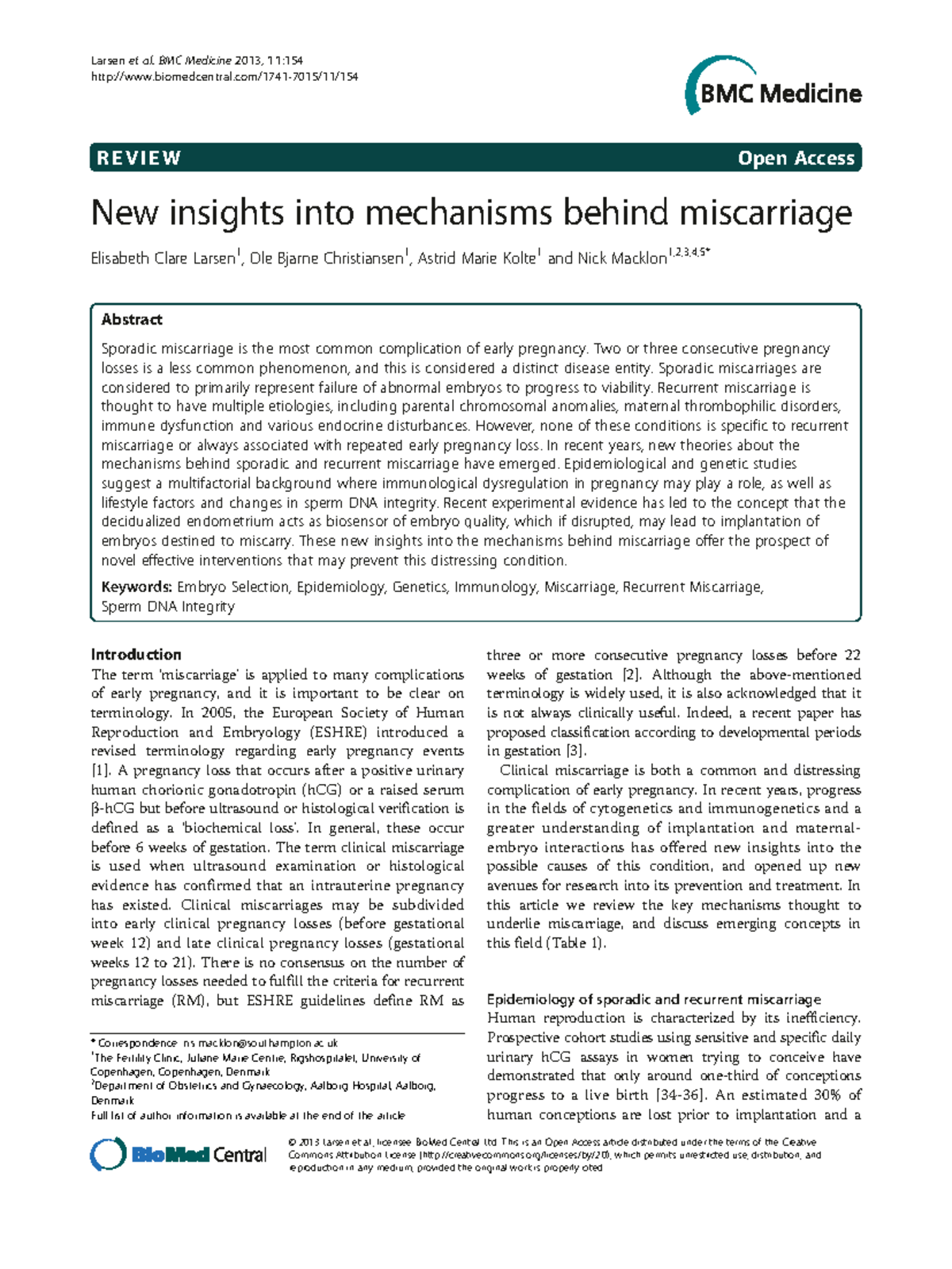 Insights into Mechanisms of Miscarriage: Review of Recent Research - R ...