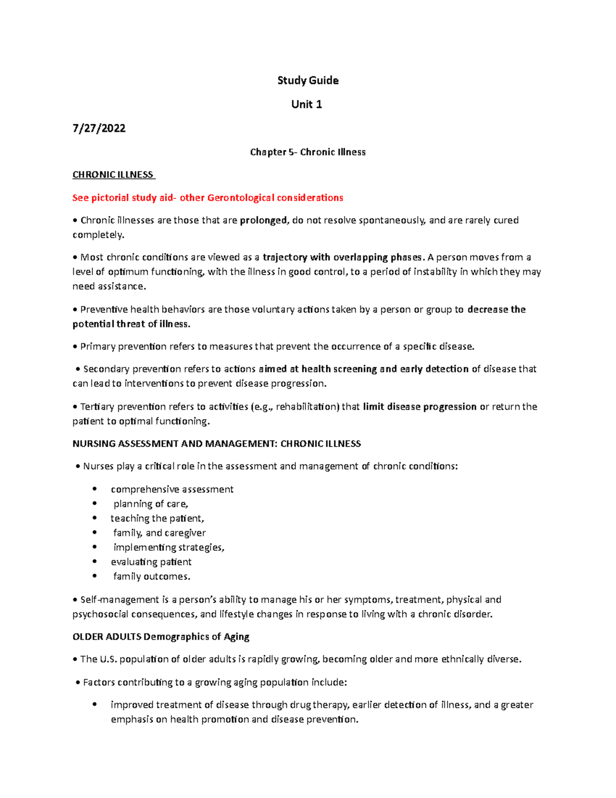 Unit #1 - Med Surg 1 - Study Guide Unit 1 7/27/ Chapter 5- Chronic Illness CHRONIC ILLNESS See ...
