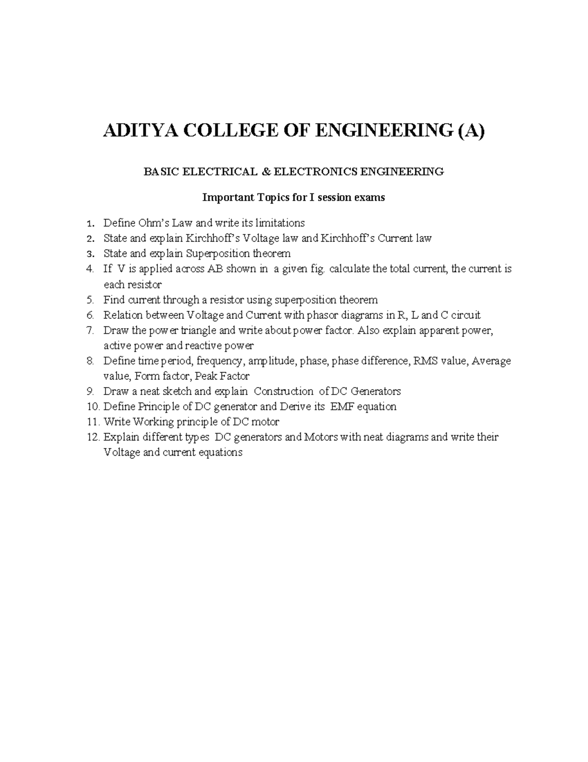 BEEE 1st Session Exam Important Topics for Basic Electrical Engineering ...