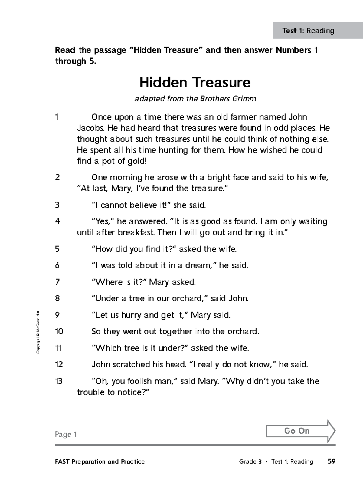 Grade 3 Reading Test 1: Hidden Treasure (Adapted from Grimm's) - Go On ...