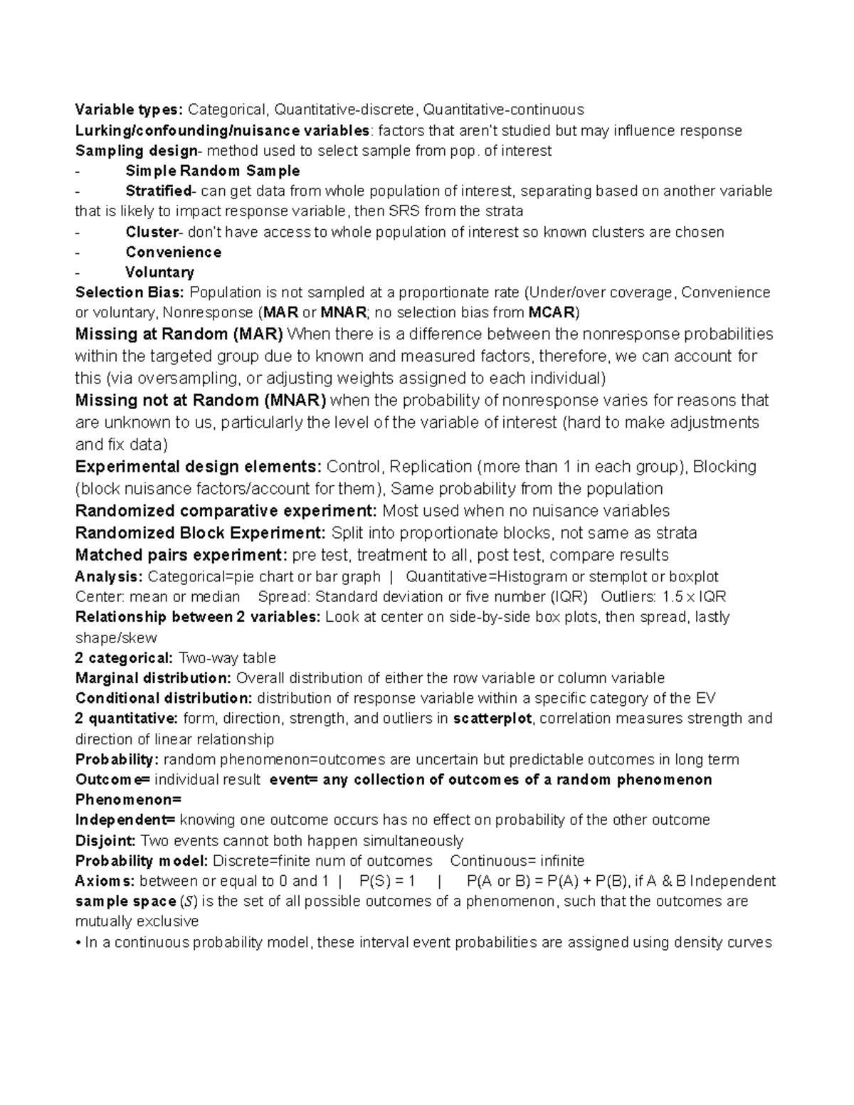 Exam 1 review cheat sheet - Variable types: Categorical, Quantitative ...