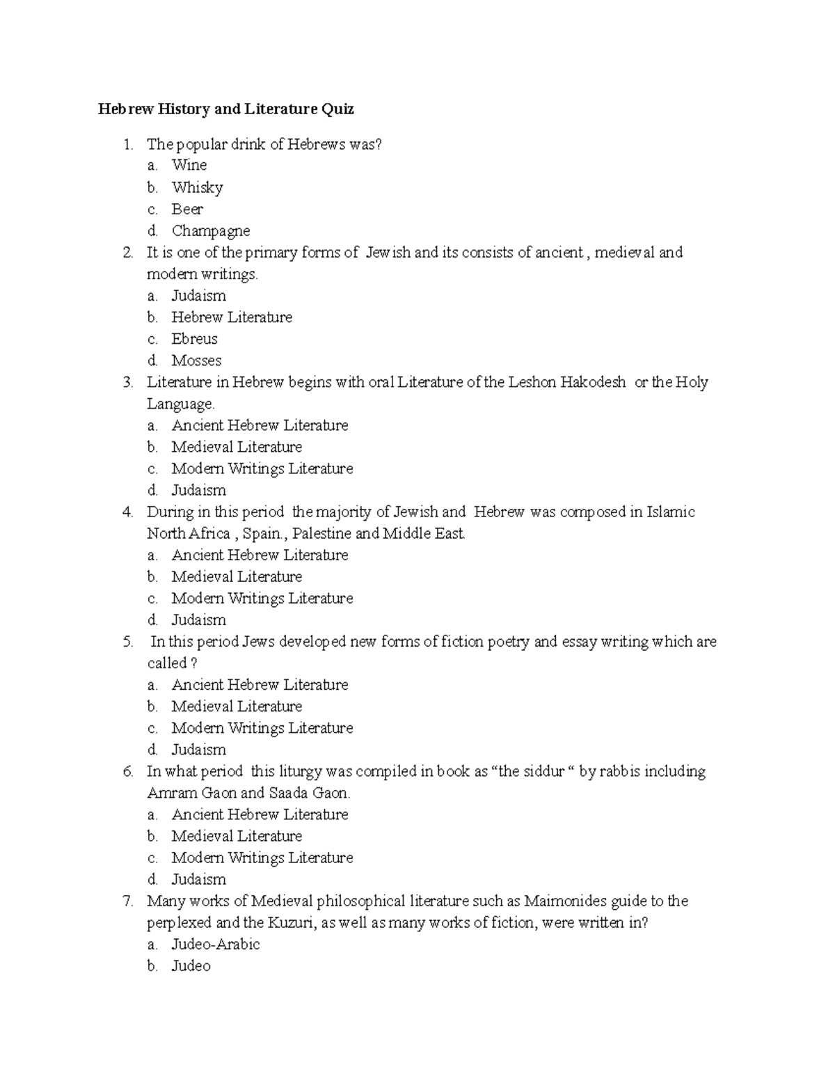 Literature Hebrew - Assessment - Hebrew History and Literature Quiz The ...