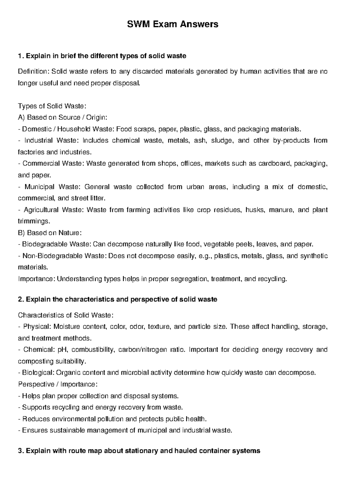 SWM Exam Answers: Types, Characteristics, and Management of Solid Waste ...