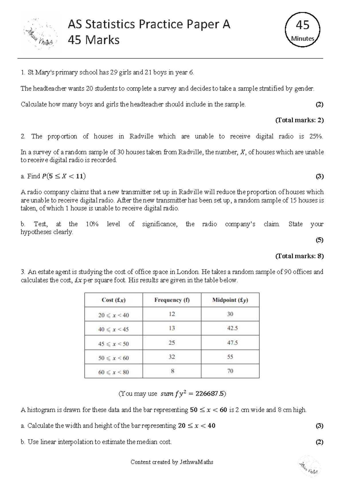 AS Statistics Practice Paper A: 45 Marks, 45 Minutes Analysis - Studocu
