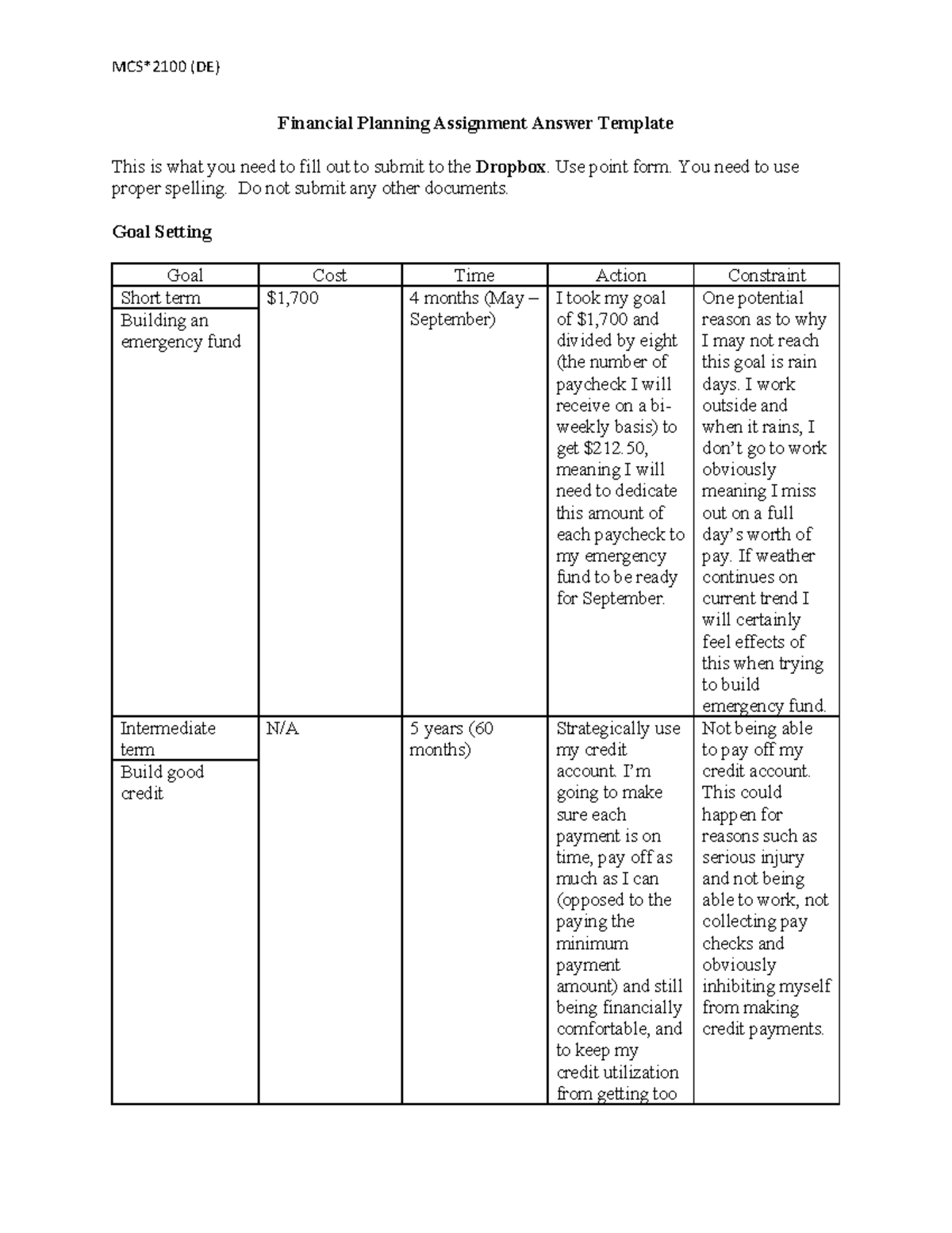 Financial Planning Assignment - Use point form. You need to use proper ...