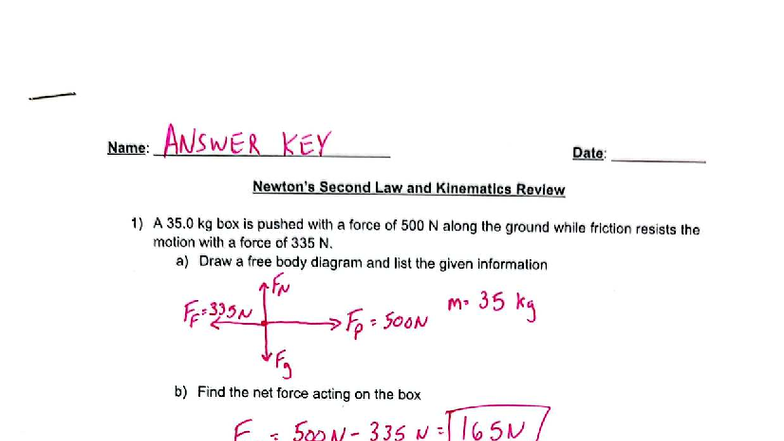 Newton's Second Law & Kinematics Review Key (Physics 101) - Studocu