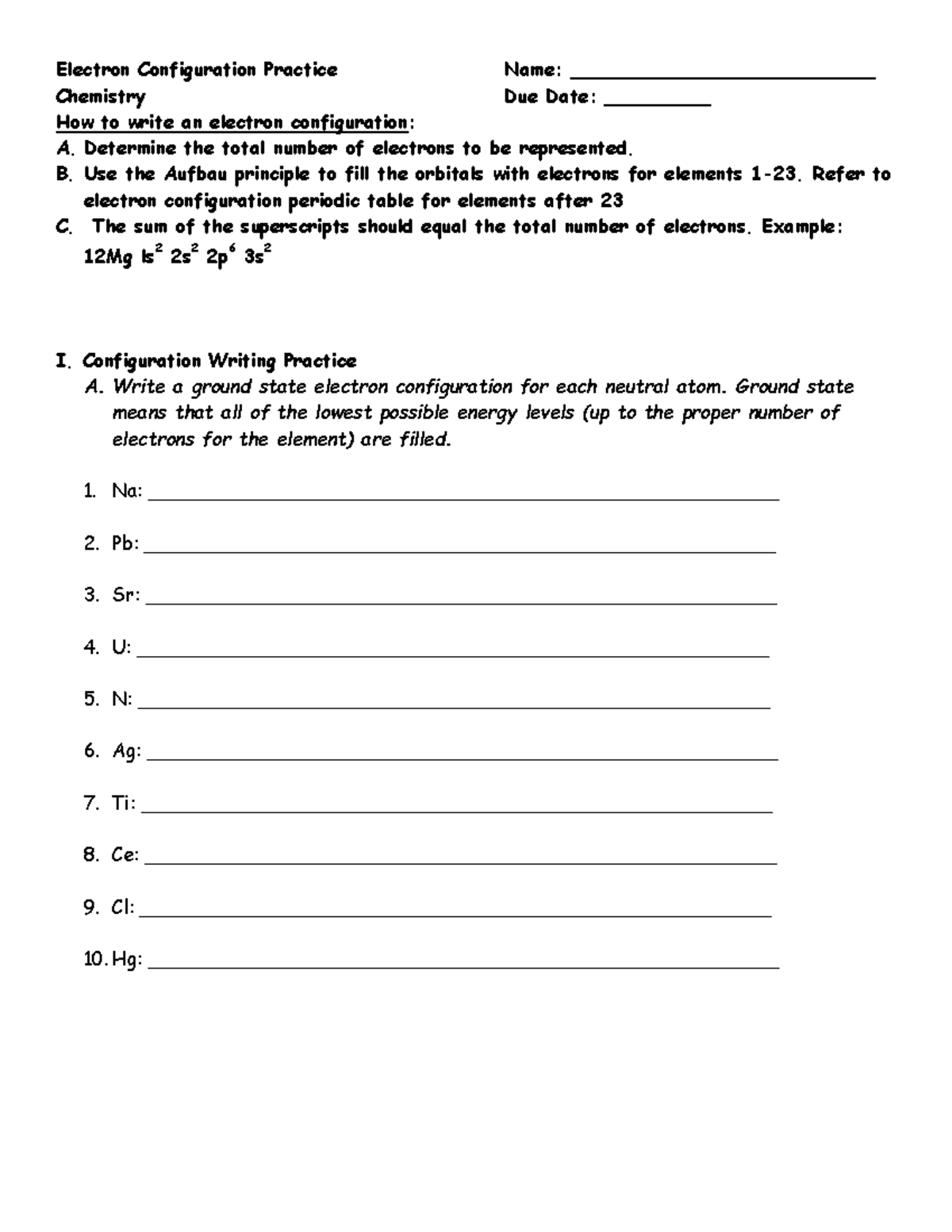 Chemistry 101: Electron Configuration Practice Worksheet - Studocu