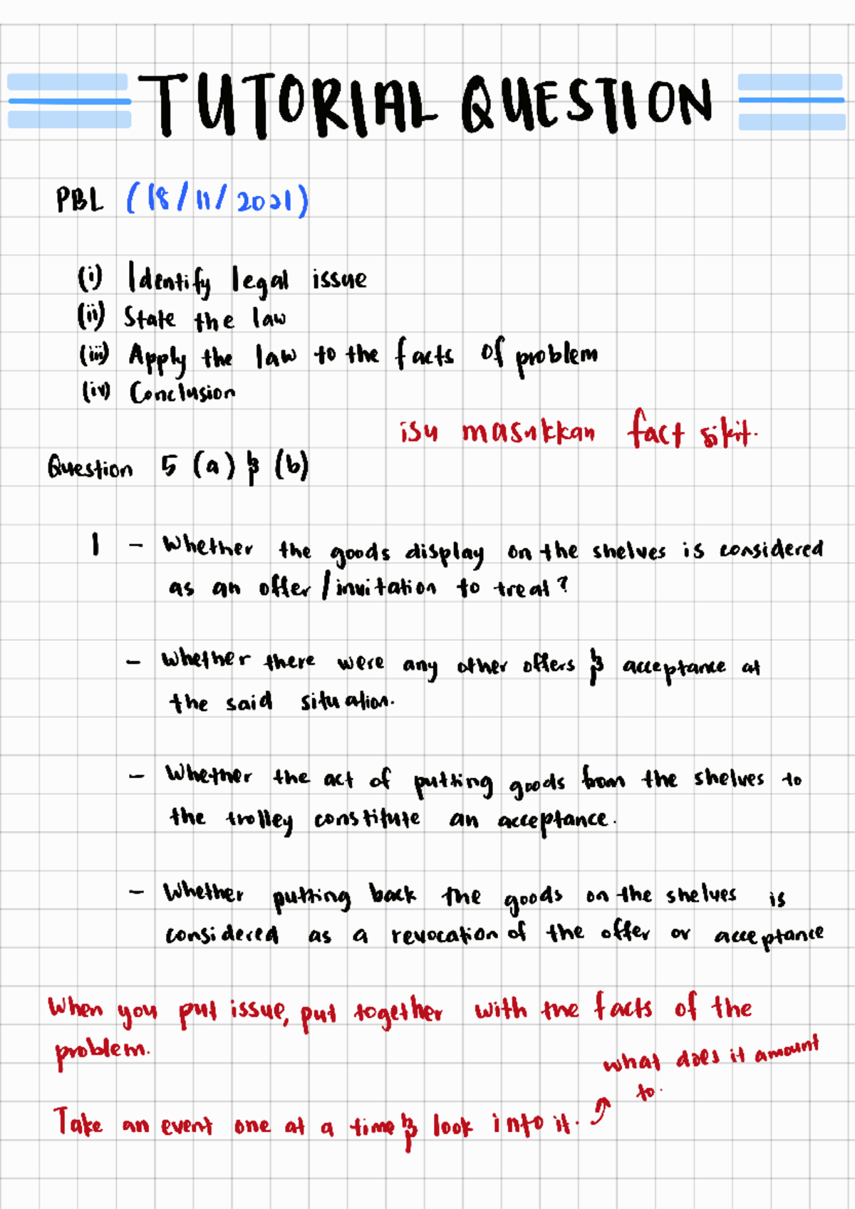 Tutorial Contract - Use - TUTORIAL QUESTION PBL (i) Identify legal ...