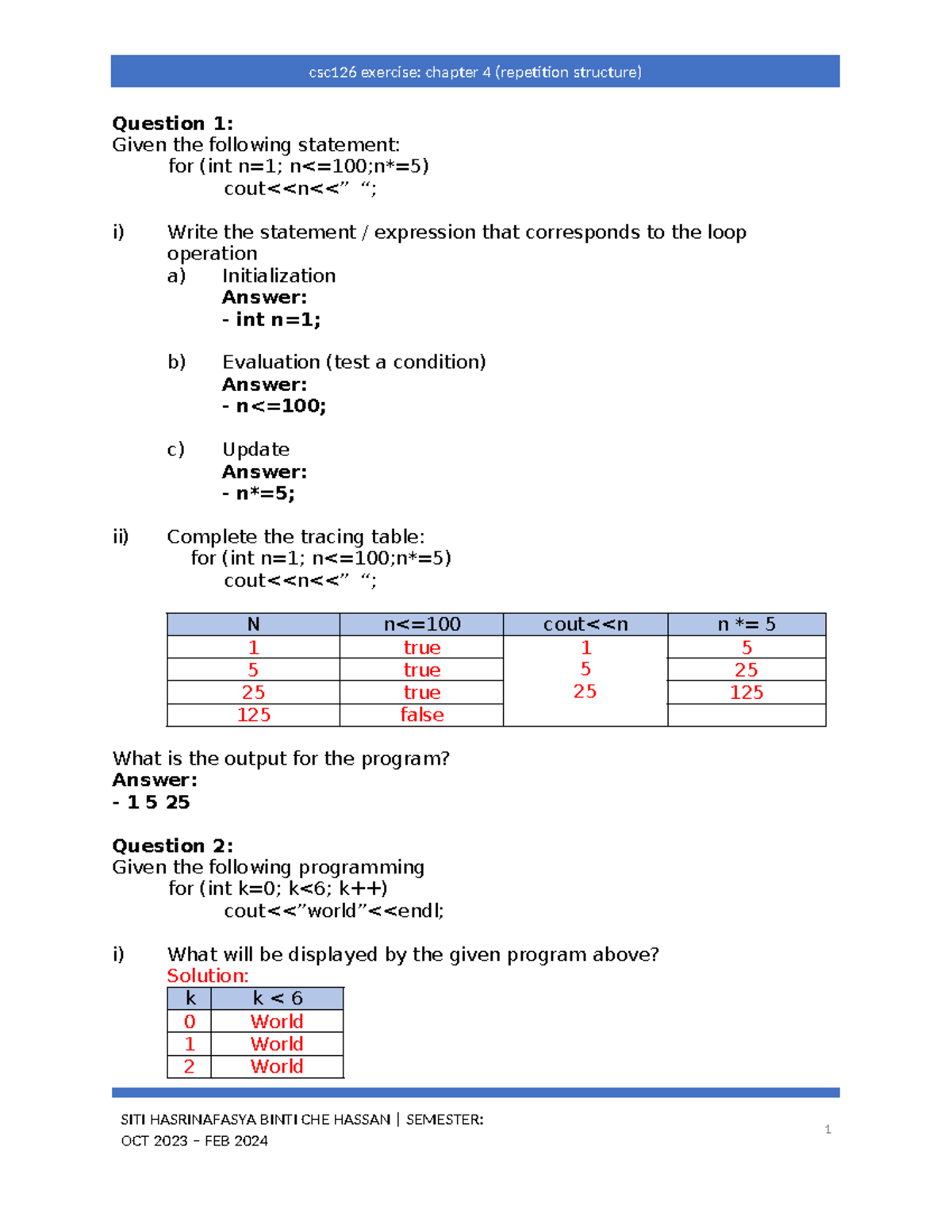 CSC126 Exercise: Chapter 4 (Repetition Structure) Solutions and Outputs - Studocu