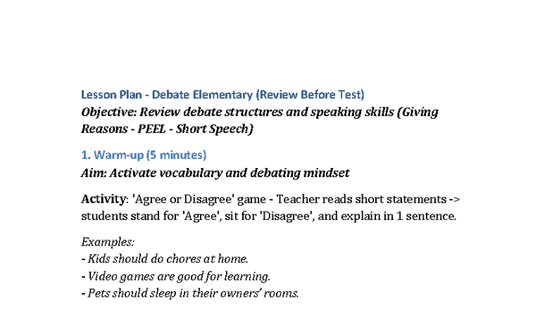 Debate Elementary Lesson Plan Review Before Final Test - Studocu