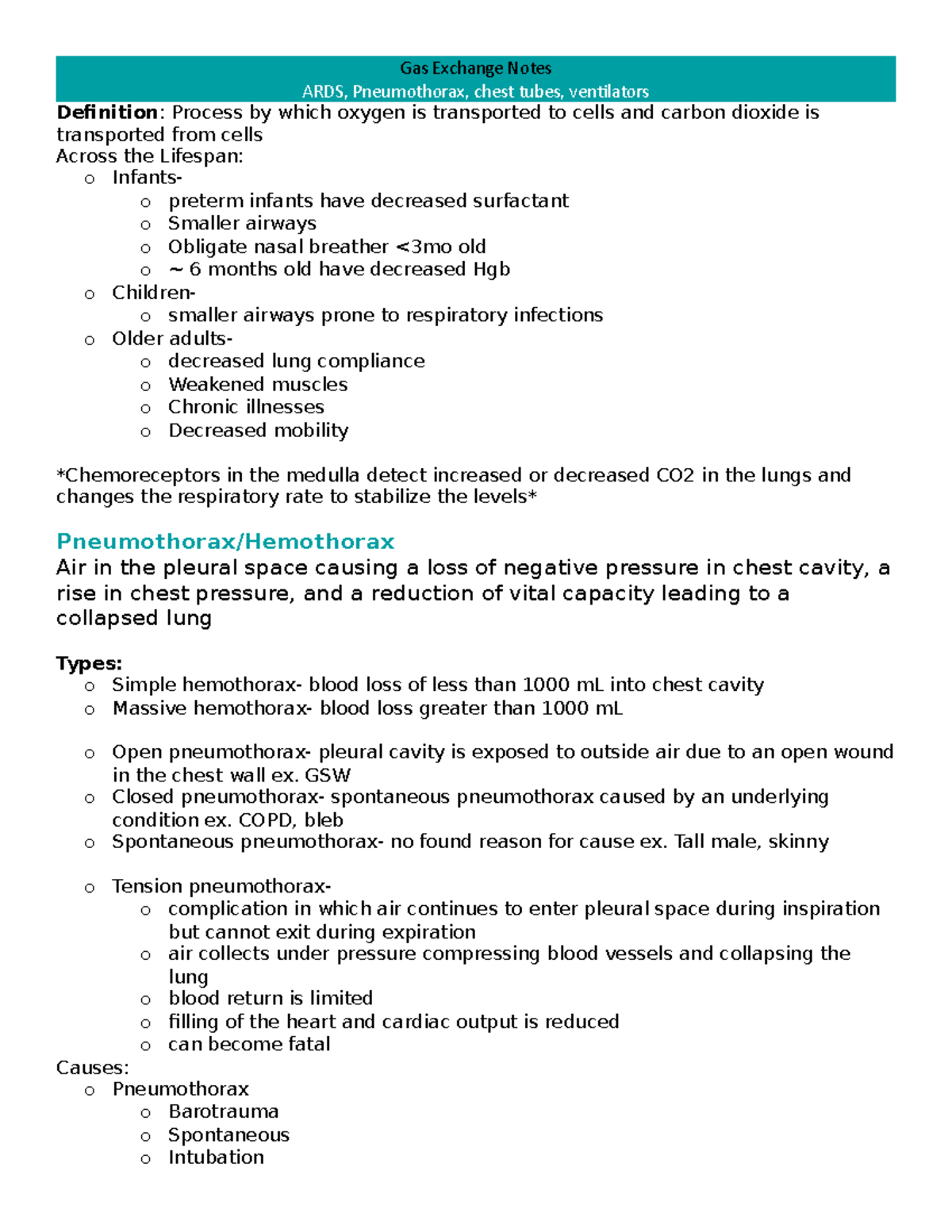 Gas Exchange Notes - pneumothorax, chest tubes, ARDS, ventilator ...