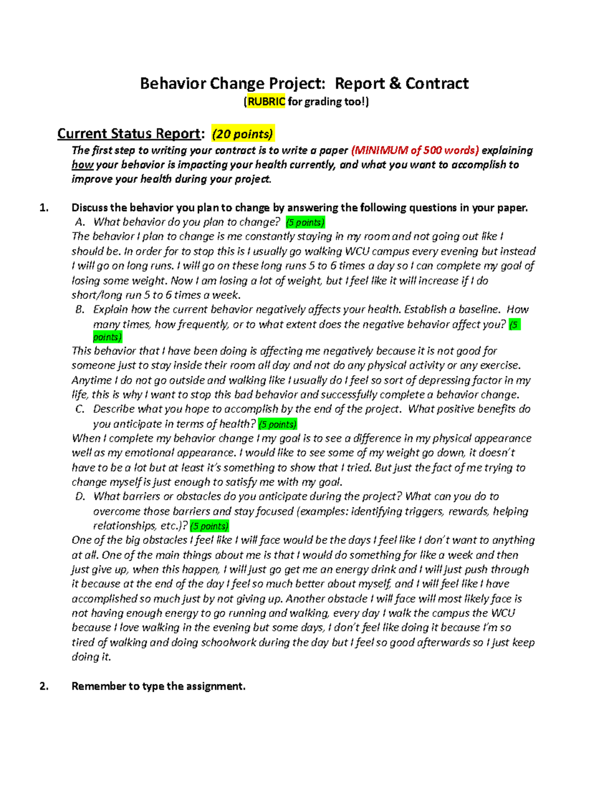 BCP Paper & Contract Rubric I - Behavior Change Project: Report ...