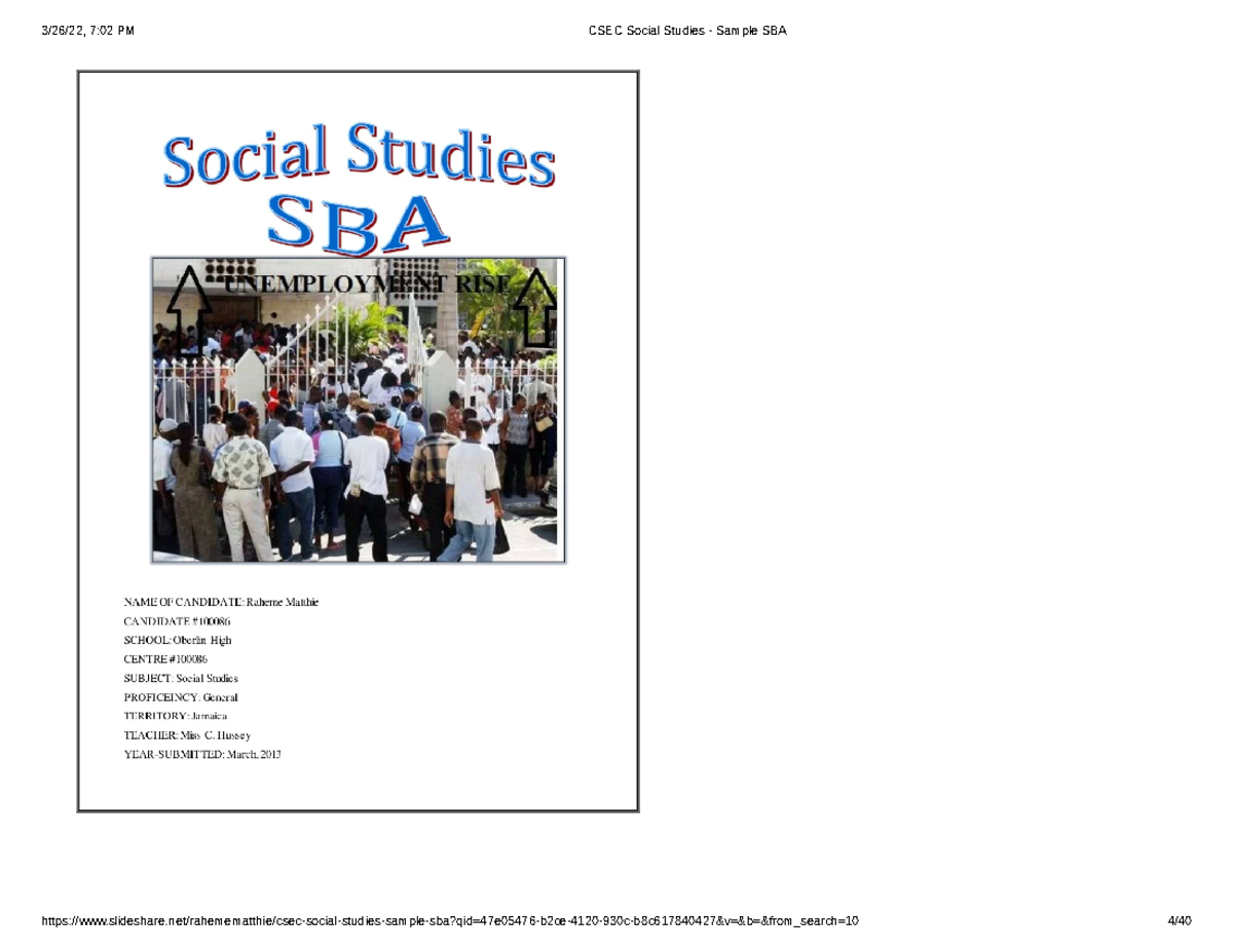 CSEC Social Studies - Sample SBA Guide and Insights - Studocu