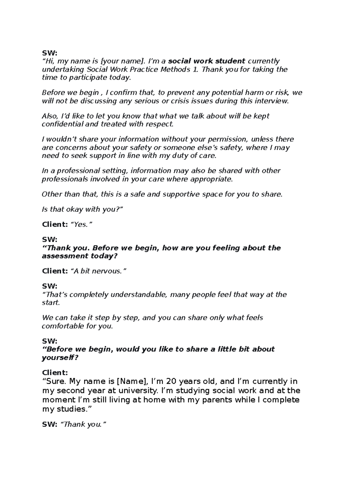 SW: Interview Summary for Social Work Practice Methods 1 - Studocu
