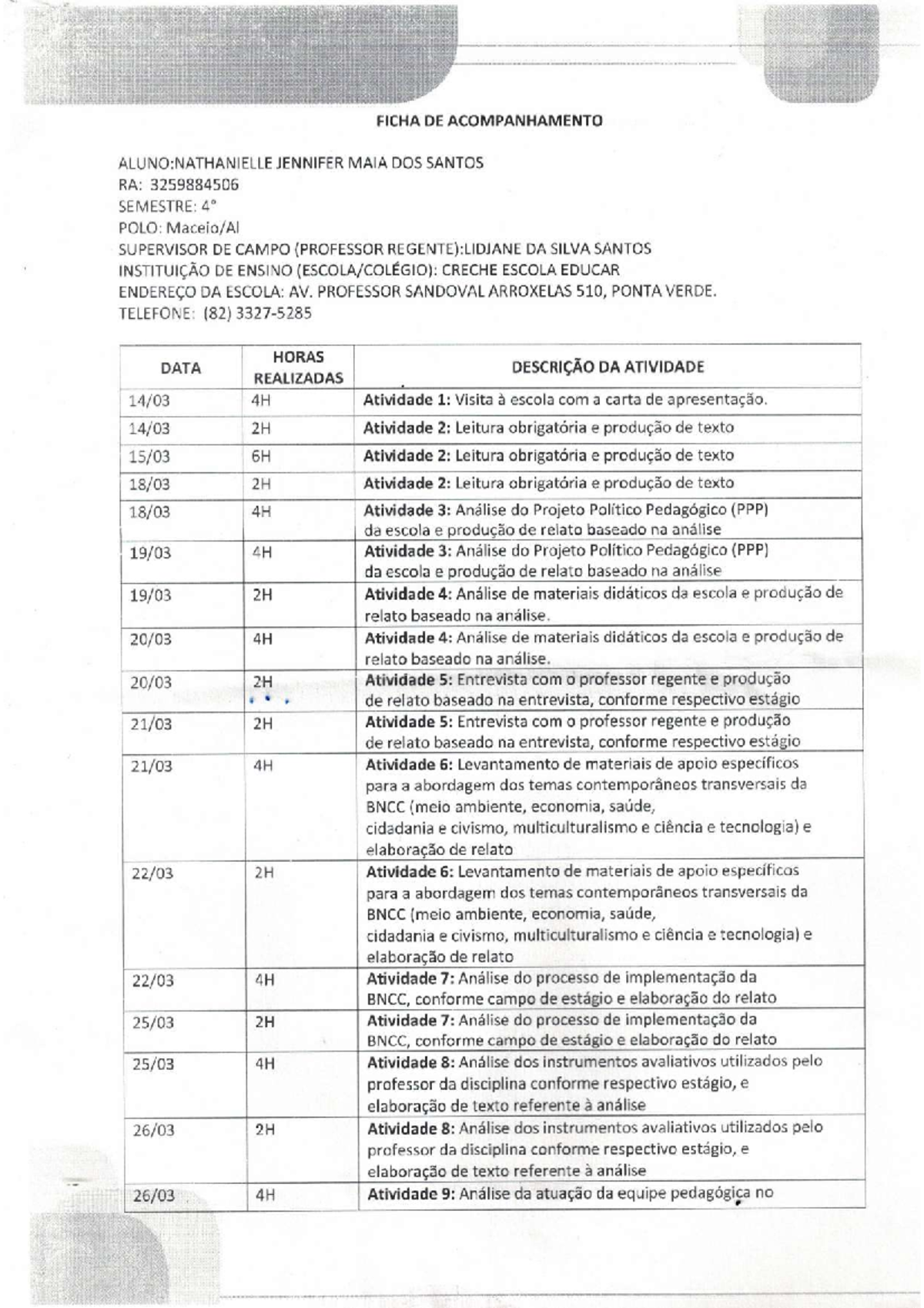 Ficha de acompanhamento - FICHA DE ACOMPANHAMENTO ALUNO:NATHANIELLE ...