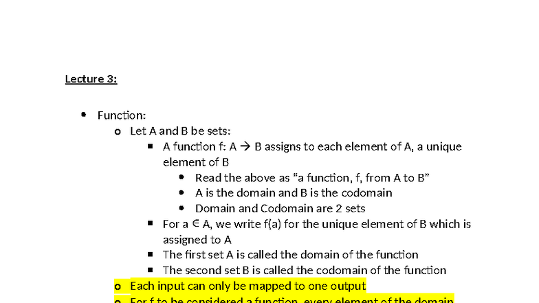 Lecture 3: Functions, Domain, Codomain, and Range Concepts - Studocu