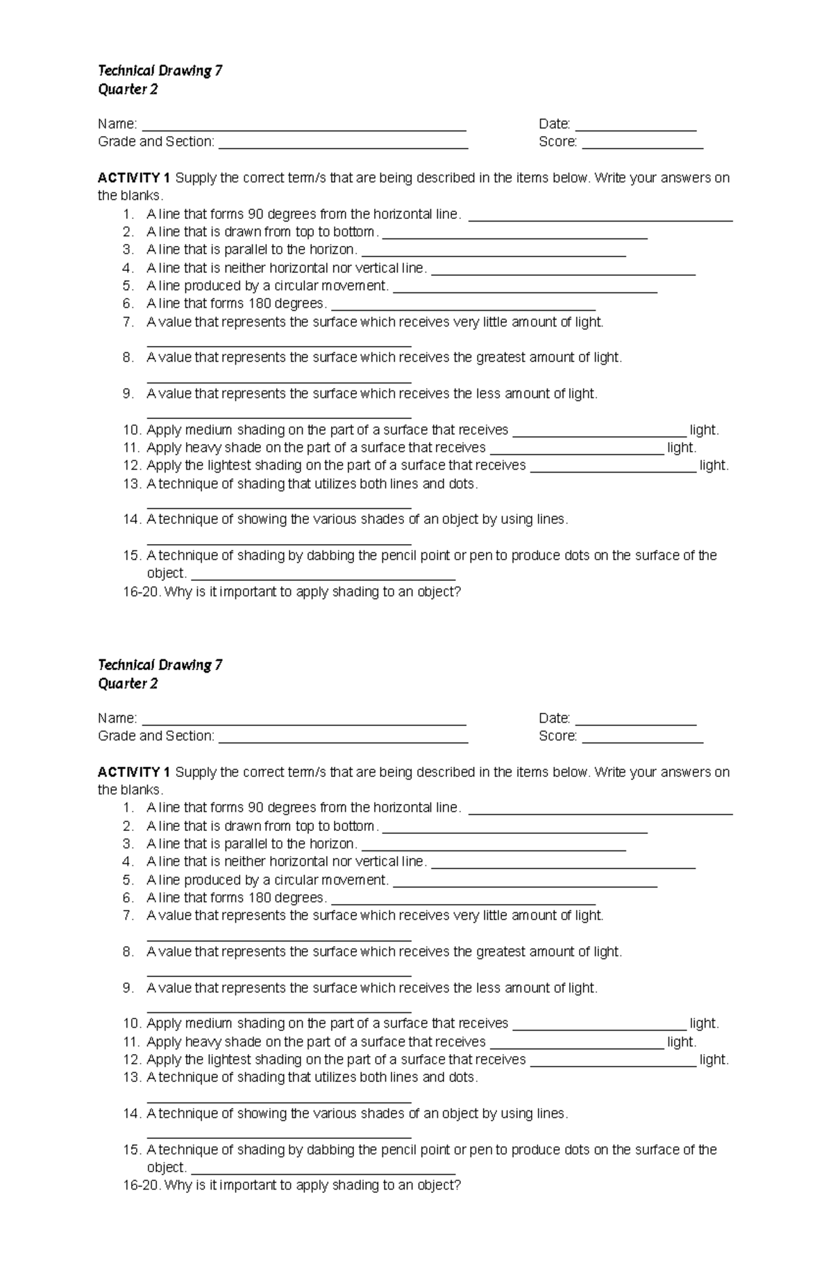 Technical Drawing 7 Q2 Activity 1: Shading Techniques and Line ...