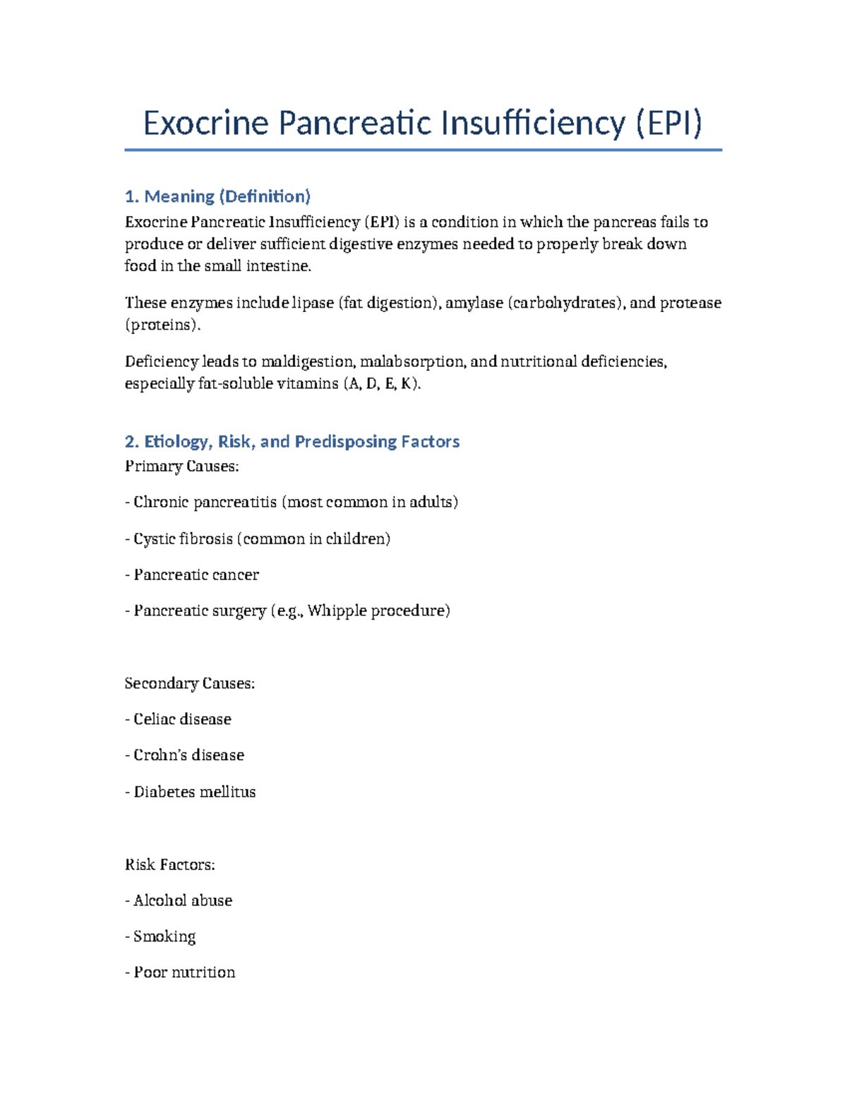 Exocrine Pancreatic Insufficiency (EPI): Overview and Management - Studocu