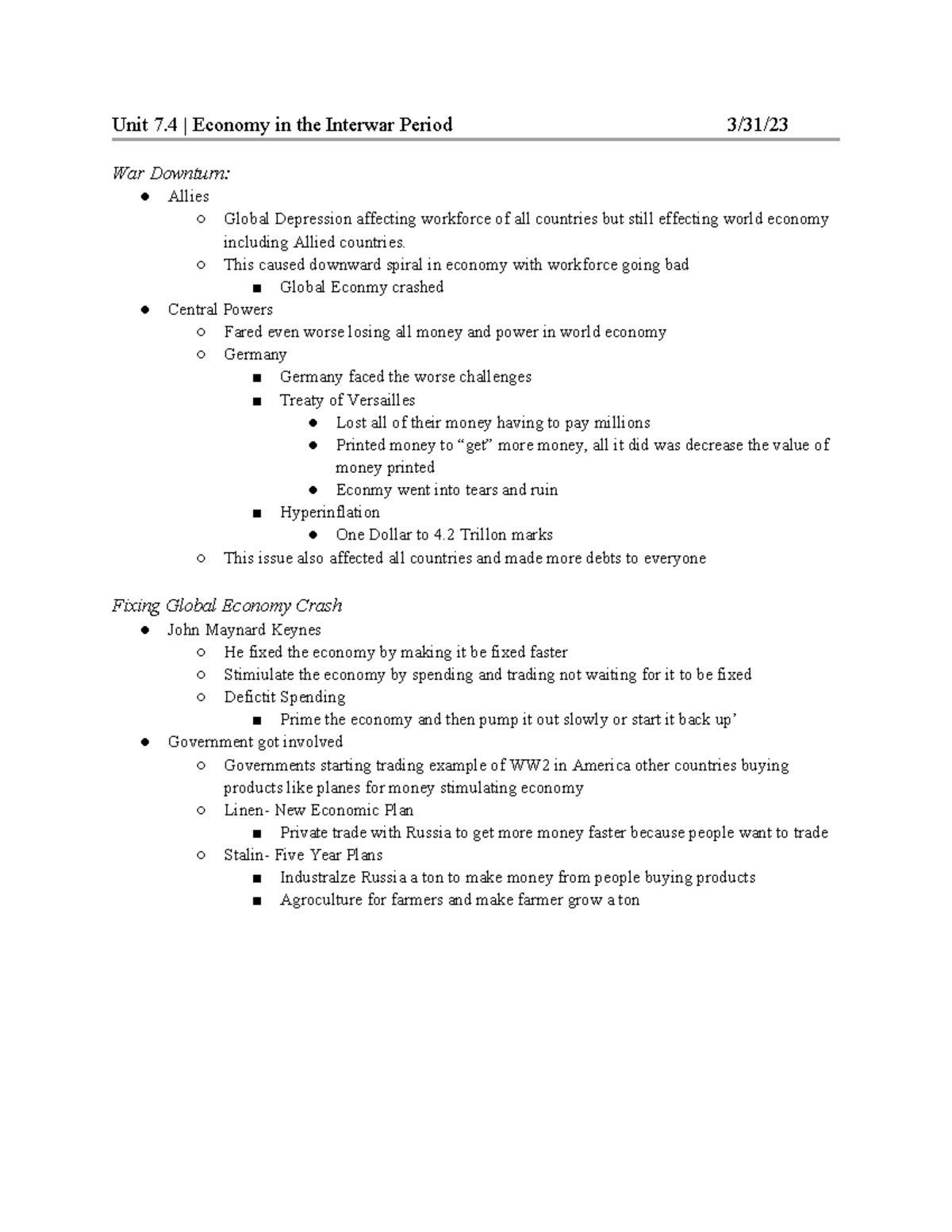 Unit 7.4 Notes: Economy in the Interwar Period Analysis - Studocu