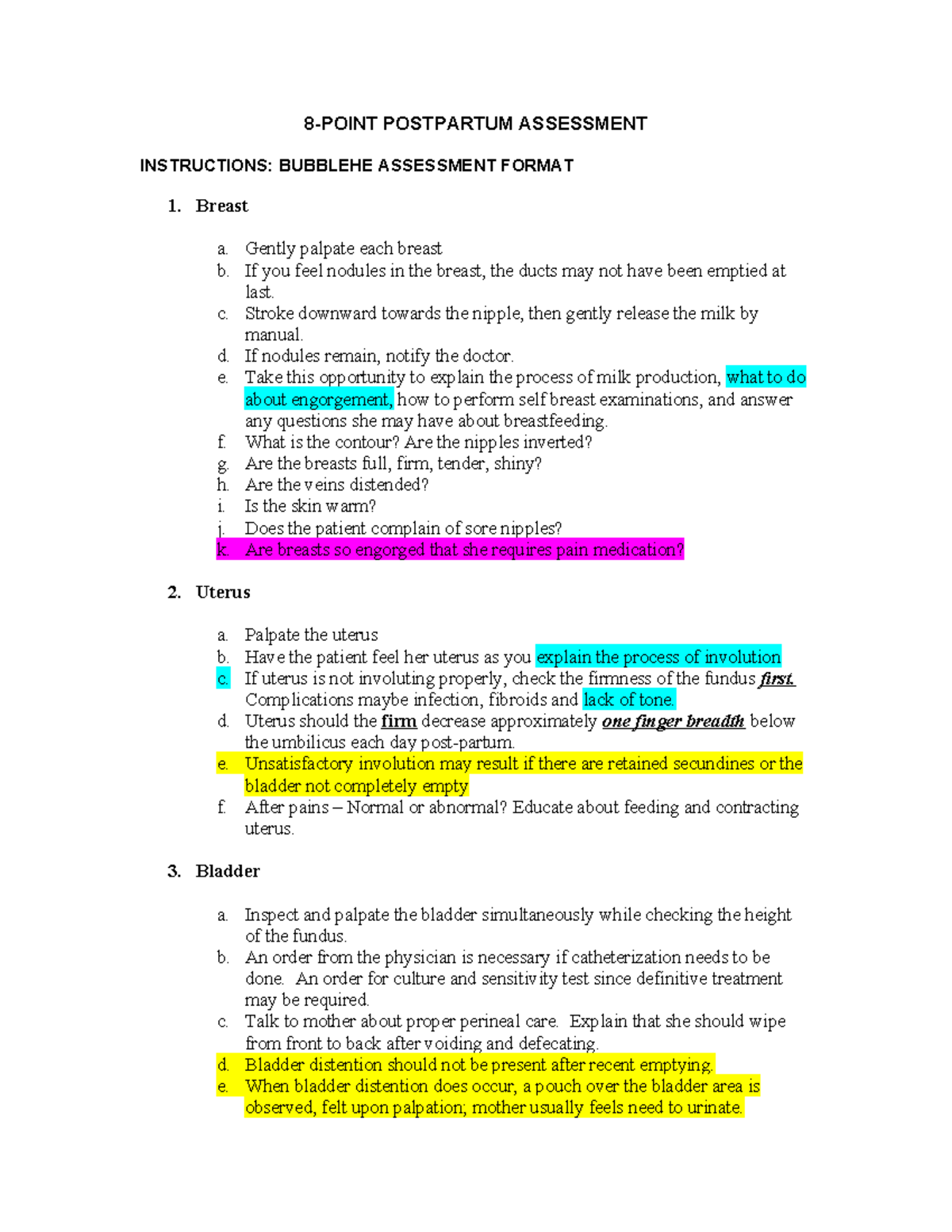 Eight Point Assesment Bubblehe Handout - 8-POINT POSTPARTUM ASSESSMENT ...