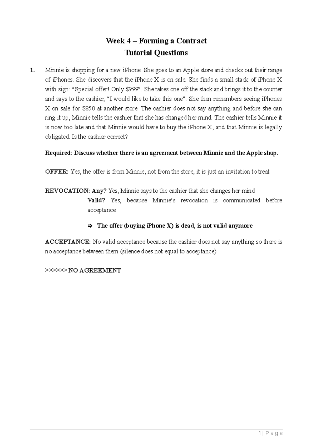 Week 4 Tutorial Questions. - Week 4 – Forming a Contract Tutorial ...