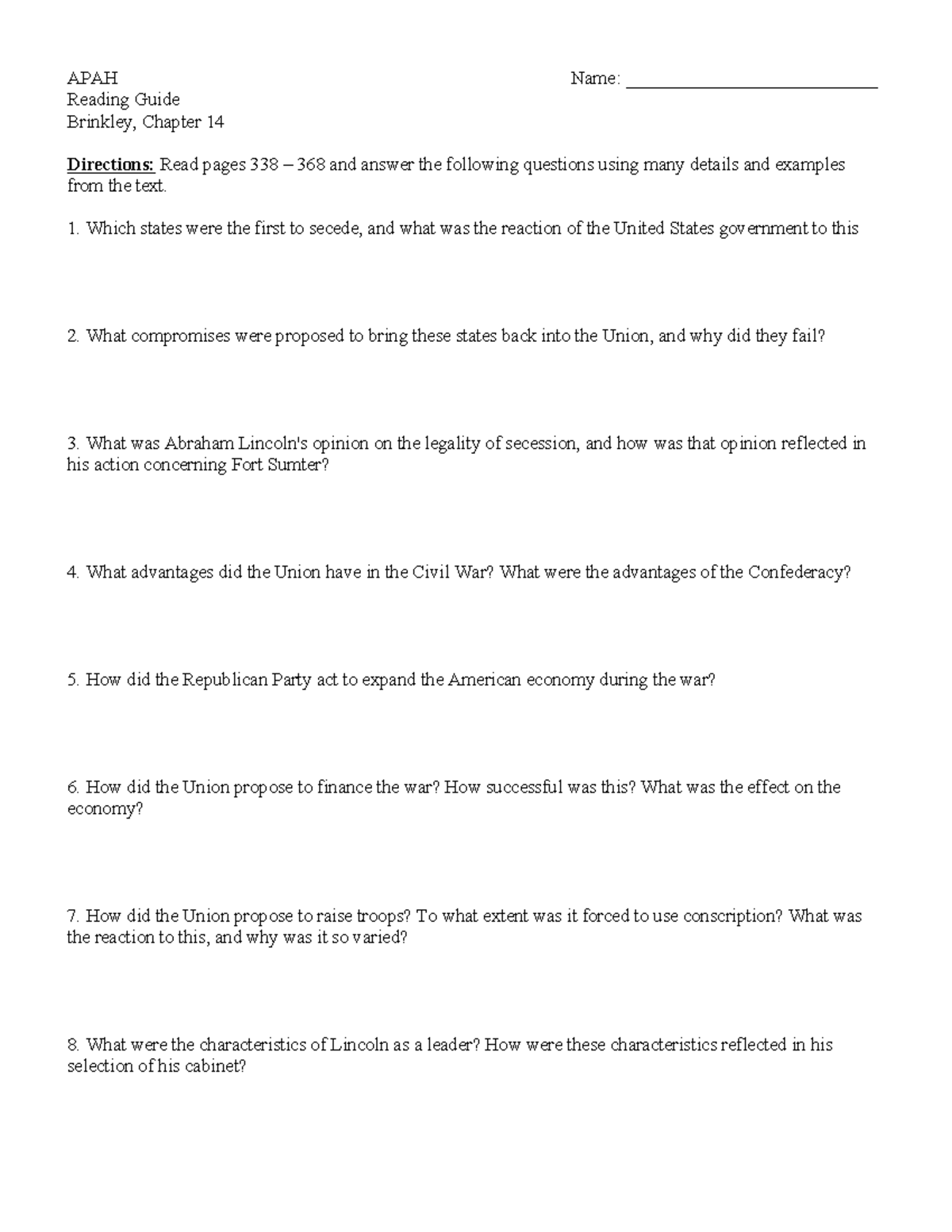 Brinkley Chapter 14 Questions - APAH Name ...