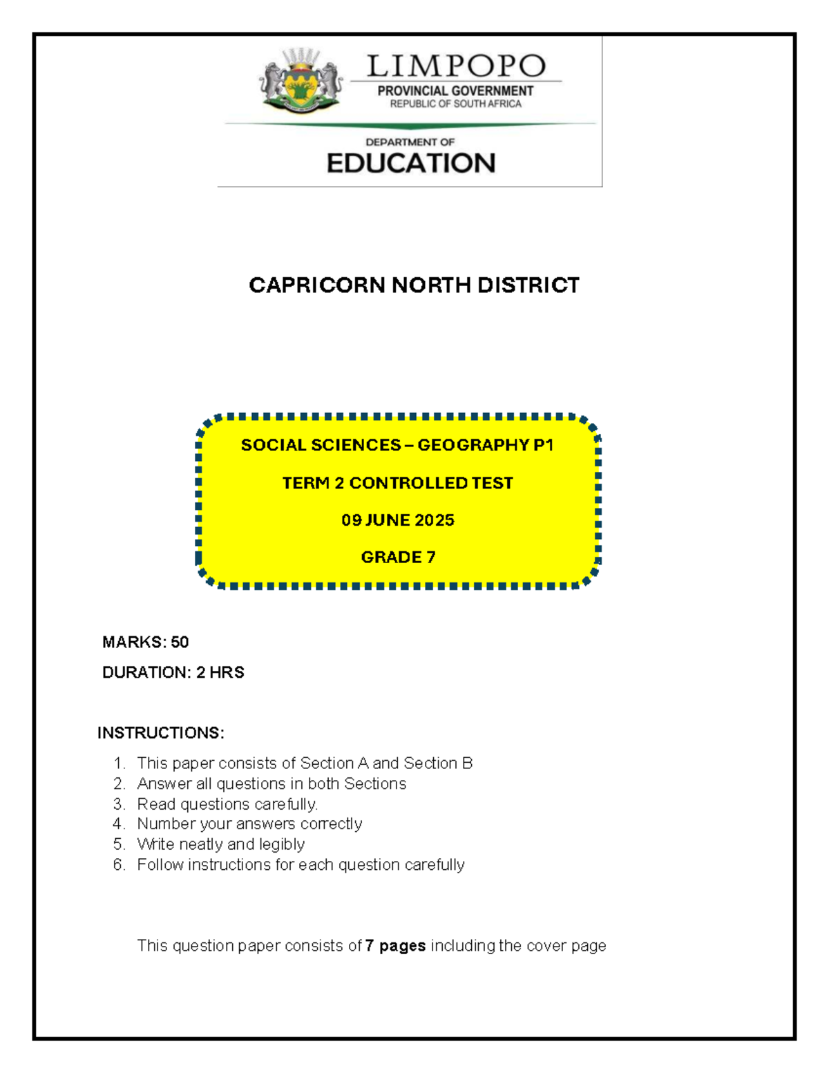 SS Grade 7 Geography P1 Term 2 Controlled Test 2025 - Studocu