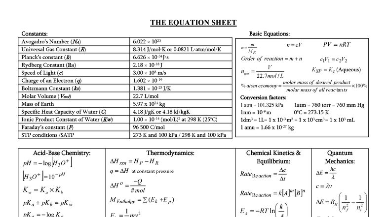 Equation Sheet 2018 - CHEM Constants & Key Formulas - Studocu