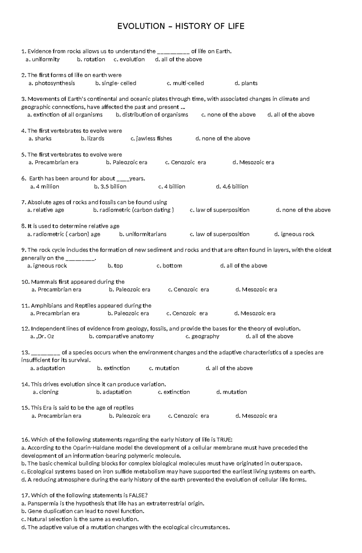 EVOLUTION - HISTORY OF LIFE - Comprehensive Review Guide - Studocu