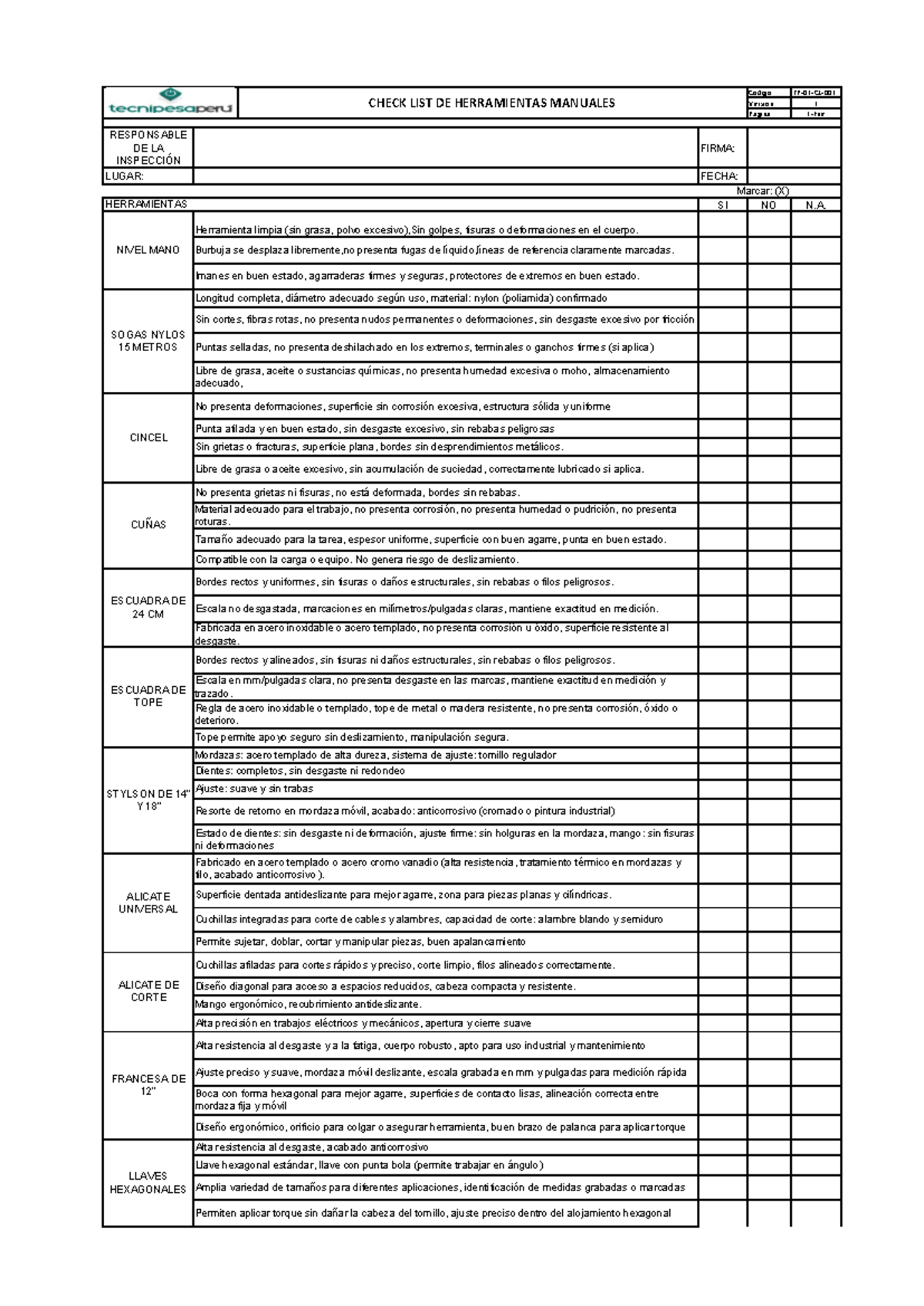 Check List de Herramientas Manuales Mecánicas - Versión 2 - Studocu