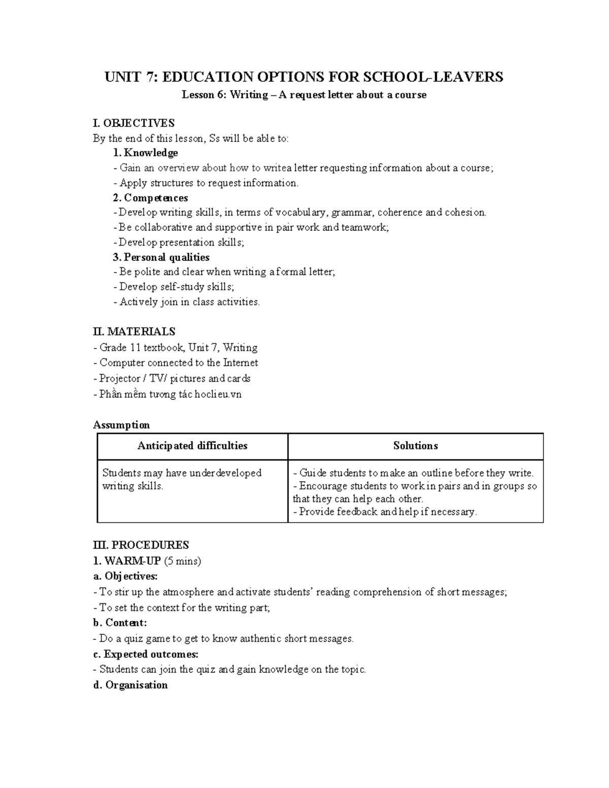 Unit 7: Education Options for Grade 11 - Lesson 6: Writing a Request ...