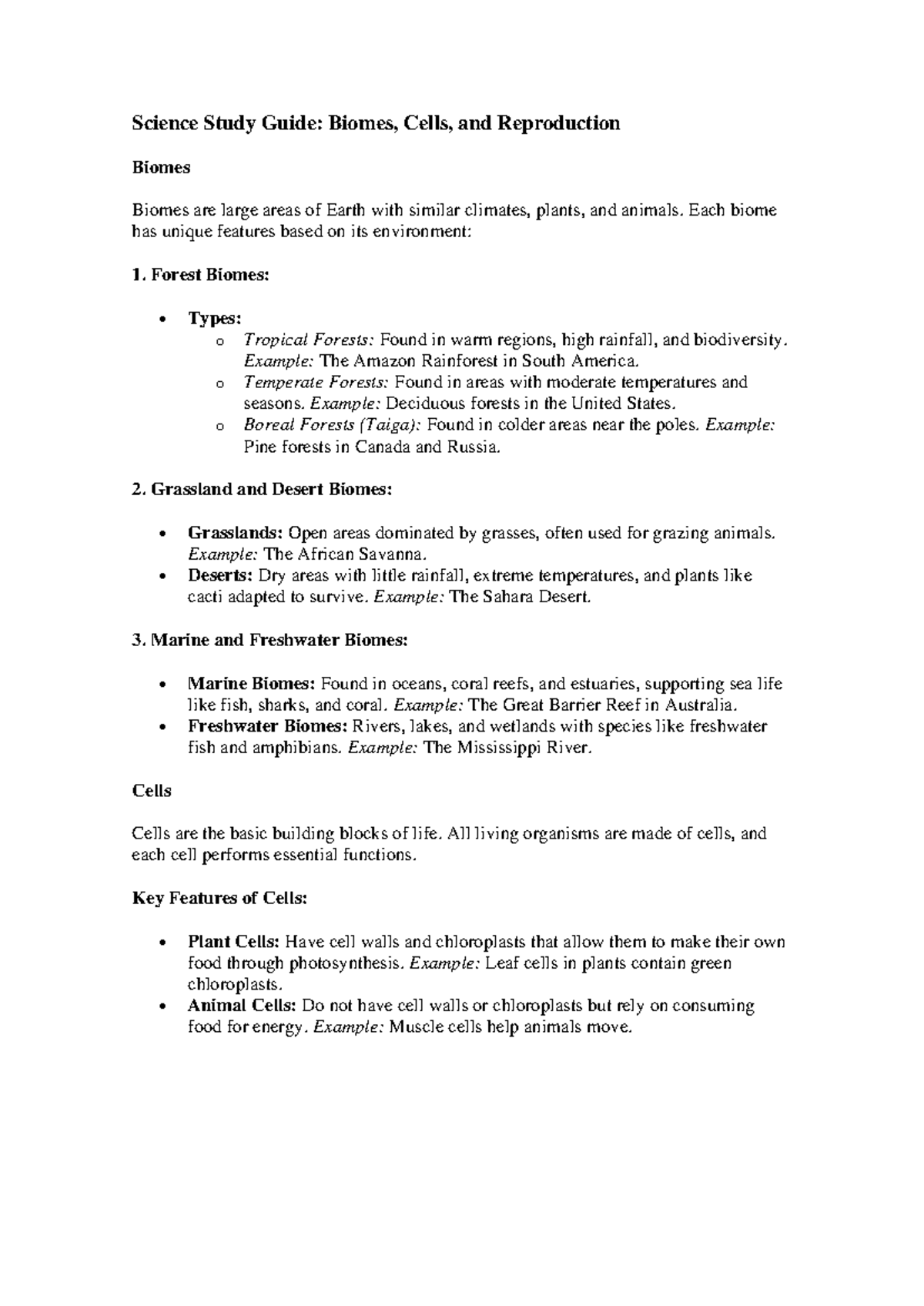 Science Study Guide: Biomes, Cells & Reproduction (PI 2025) - Studocu
