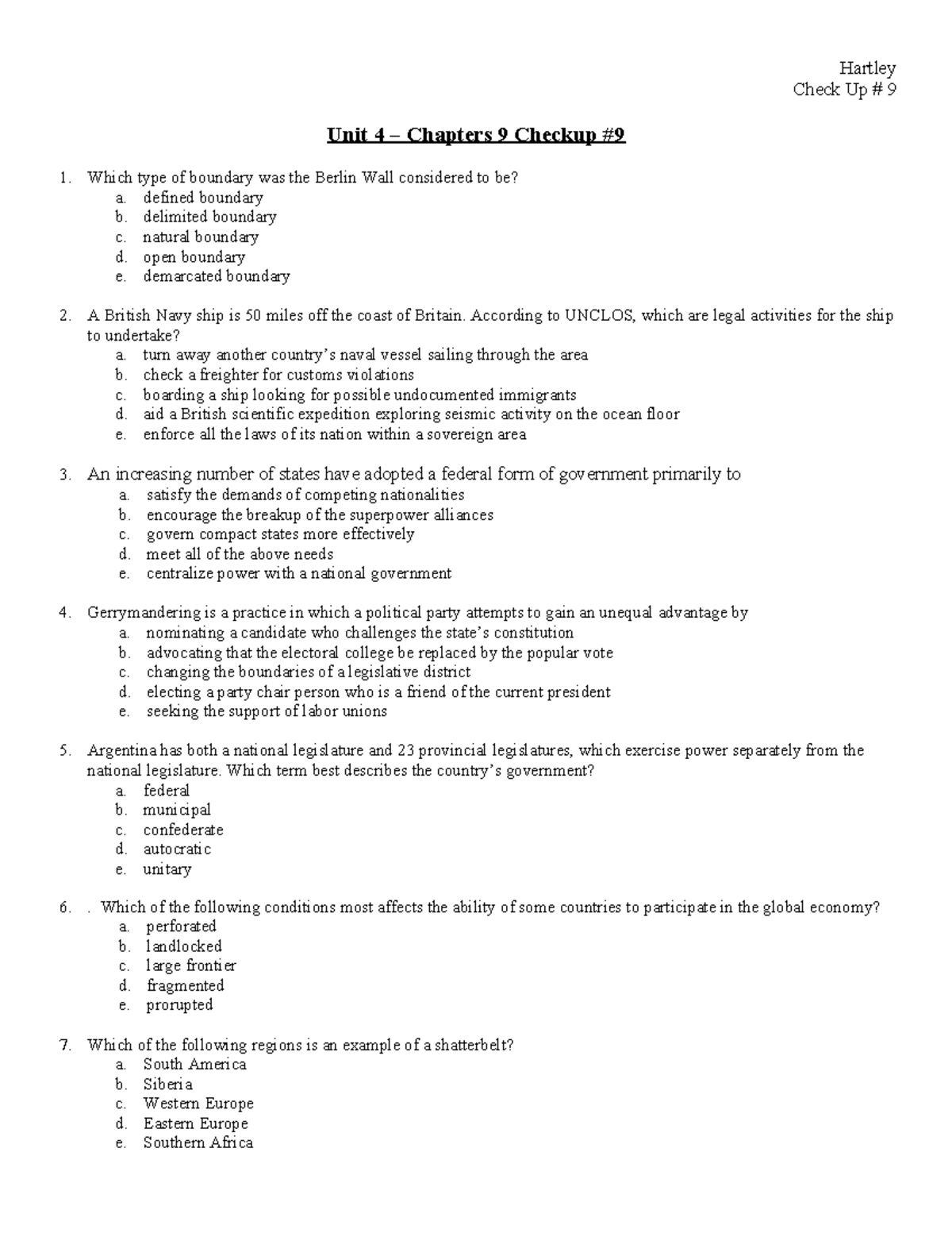 Hartley Check Up 9: Unit 4 Practice Quiz on Political Boundaries - Studocu