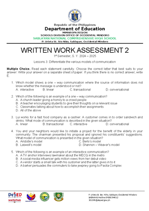 WW 1 - Written Work Assessment - P. Urieta St. Sto. Niño, Sablayan ...