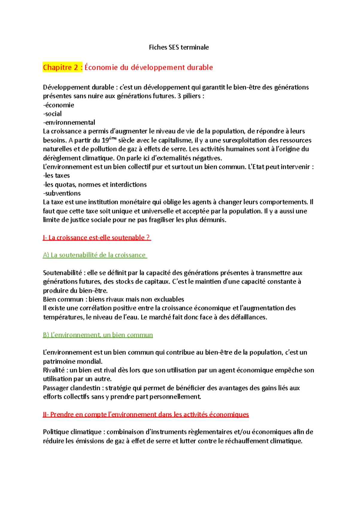 Ch1 : Sources et Défis de la Croissance Économique en SES Terminale - Studocu