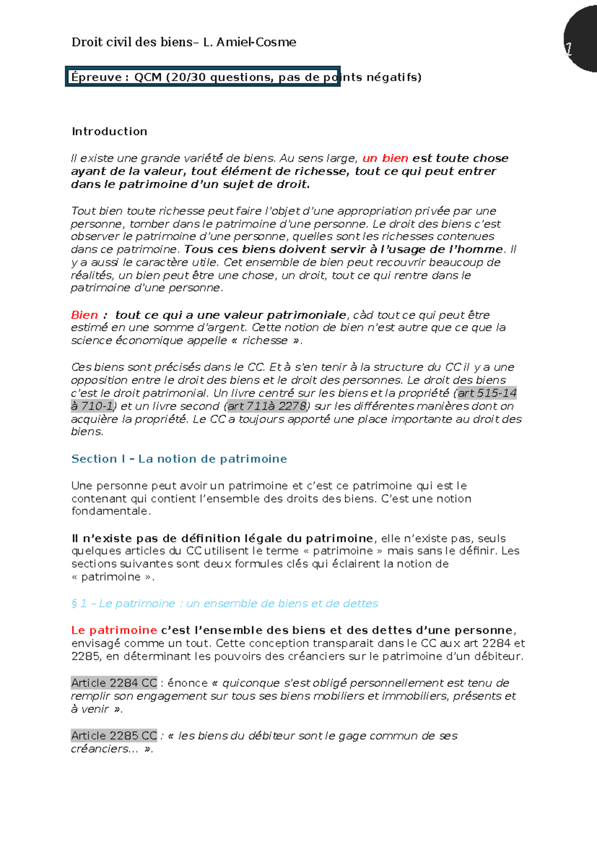 CM - cours de CM Amiel Cosme - 1 Épreuve : QCM (20/30 questions, pas de ...