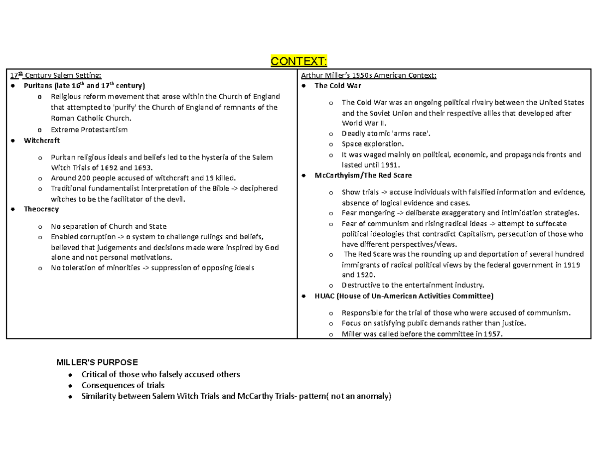 HSC Standard English: The Crucible Context & Purpose Analysis - Studocu