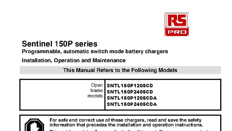 Sentinel 150P Series Battery Charger Installation & Maintenance Guide - Studocu