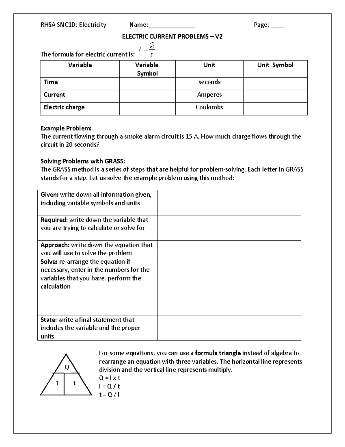 Electric current problems- Notes - RHSA SNC1D: Electricity Name ...