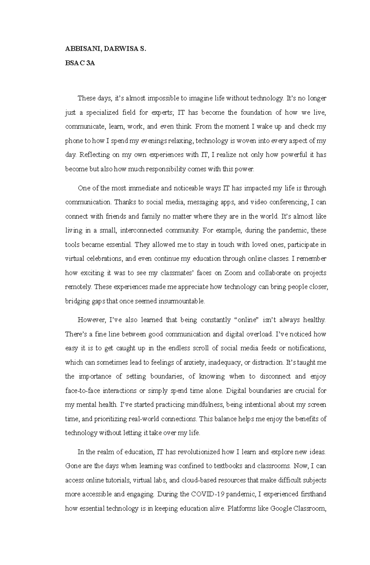 Reflection on ICT Impact in Daily Life - BSAC 3A - Studocu