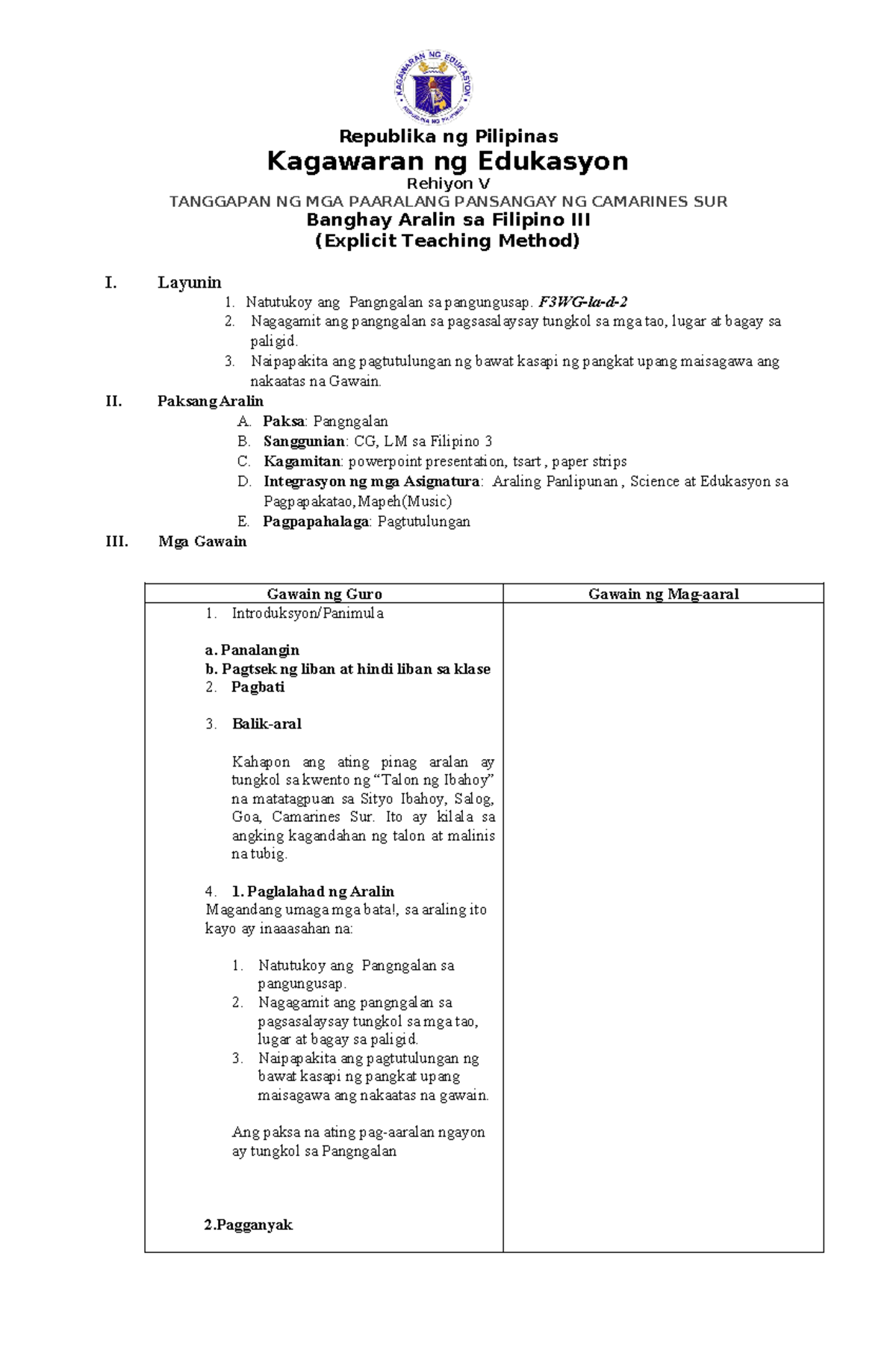 Lesson Plan for Filipino 4: Explicit Teaching on Pangngalan - Studocu
