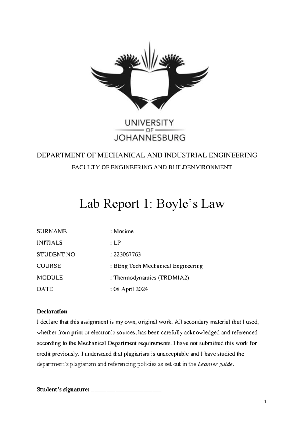 Boyle's Law Lab Report: TRDMIA2 - BEng Tech Mechanical Engineering - Studocu