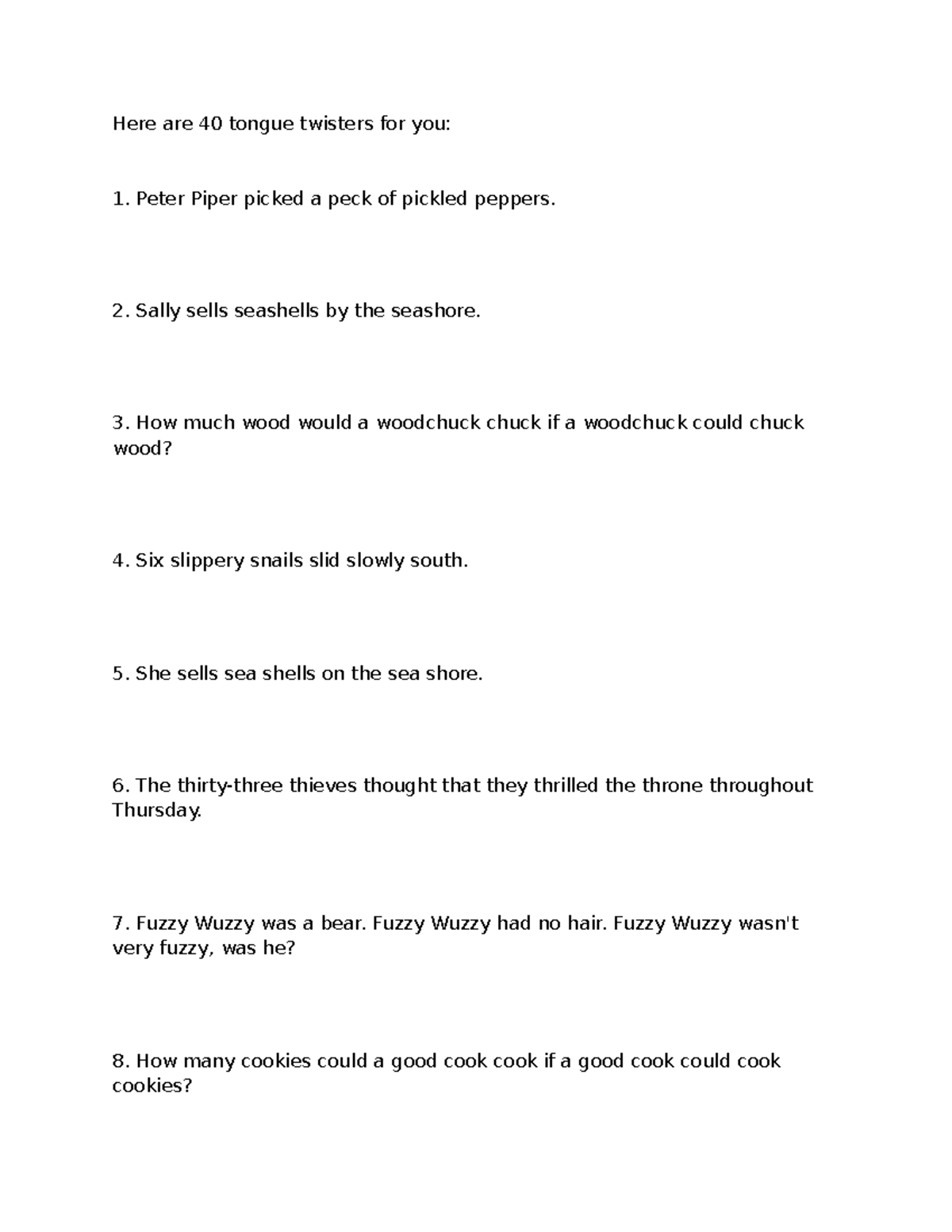 40 Fun Tongue Twisters for Language Practice and Fun - Studocu