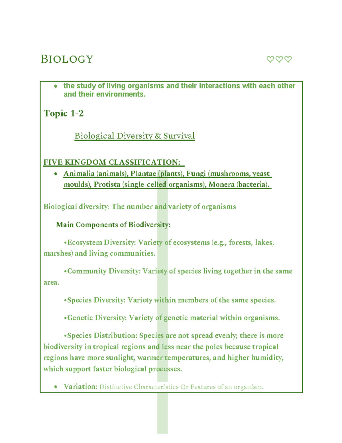 Biology 101: Study Guide on Biological Diversity & Survival - Studocu